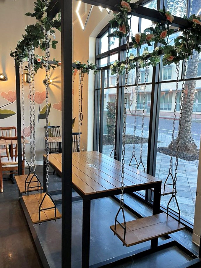 The swing table setup transforms coffee dates into playground adventures, proving adulthood doesn't have to mean abandoning joy.