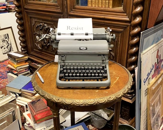 "Resist" indeed &ndash; this vintage typewriter stands defiant against digital dominance, a mechanical reminder of writing's physical roots.