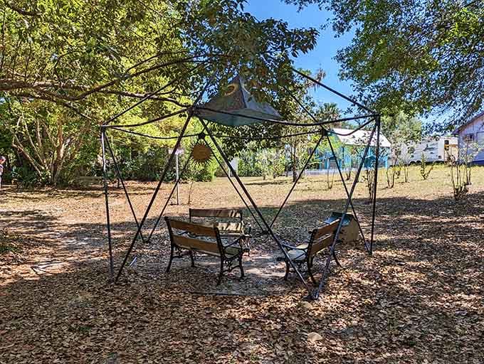 Whimsical seating areas provide perfect spots to rest, contemplate the fairy realm, and give your feet a break from all this enchanted wandering.
