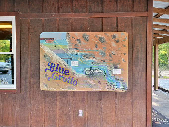 A weathered information board maps the underwater terrain, hinting at the geological marvels waiting beneath the surface for certified explorers.