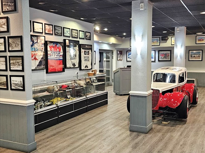Racing history comes alive through carefully preserved memorabilia, vintage cars, and photographs that transport diners to NASCAR's beach racing origins.