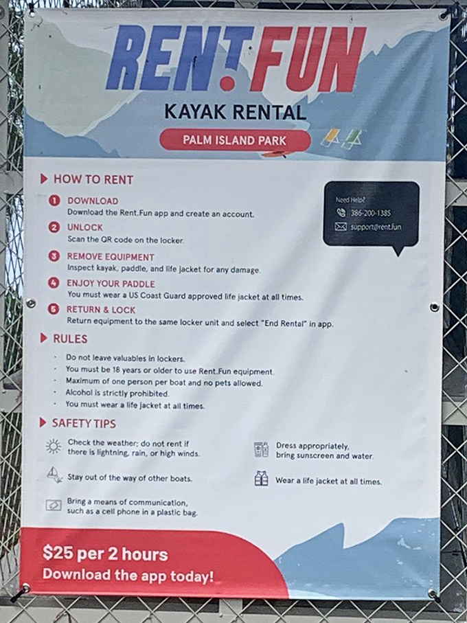 The "Rent Fun" kayak service promises aquatic adventures for those brave enough to explore Lake Dora from a duck's-eye perspective.