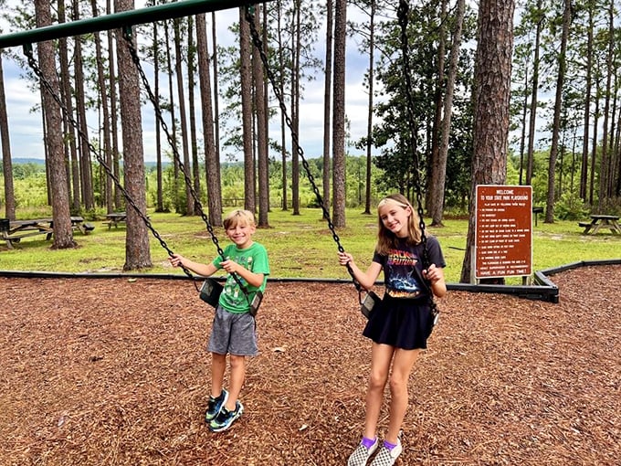 The playground swings offer children the chance to soar almost as high as their sugar levels after those campfire marshmallows.
