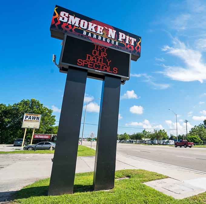 That sign isn't just advertising, it's a beacon calling all barbecue lovers to their happy place.