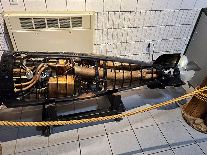 A cutaway torpedo reveals the intricate machinery inside these underwater missiles &ndash; deadly technology from the pre-digital age.