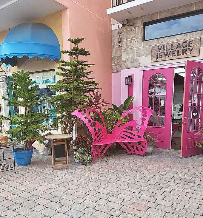 Village Jewelry's hot pink exterior and butterfly decoration make finding accessories feel like discovering a tropical treasure chest has opened.