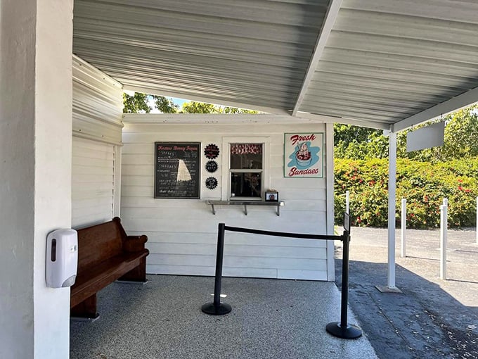 The waiting area &ndash; where anticipation builds and friendships form. Many have sat on that bench contemplating life's sweetest pleasures.