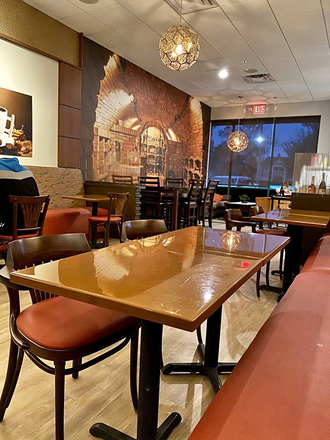 The dining area's warm wood and brick aesthetic says, "Stay awhile, we've got chocolate," and who are we to argue?