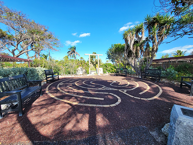 The garden's labyrinth invites mindful walking meditation, its circular path a journey to the center and back again.