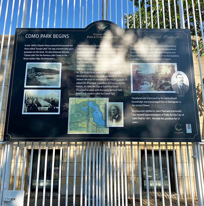 This historical marker reveals Como Park's rich heritage, though most visitors are too busy heading toward the animals to notice.
