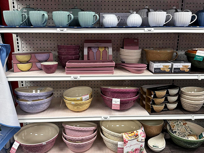 Pastel bowls and vintage-inspired kitchenware that wouldn't look out of place in a cozy Cotswolds cottage or Great British Baking Show tent.