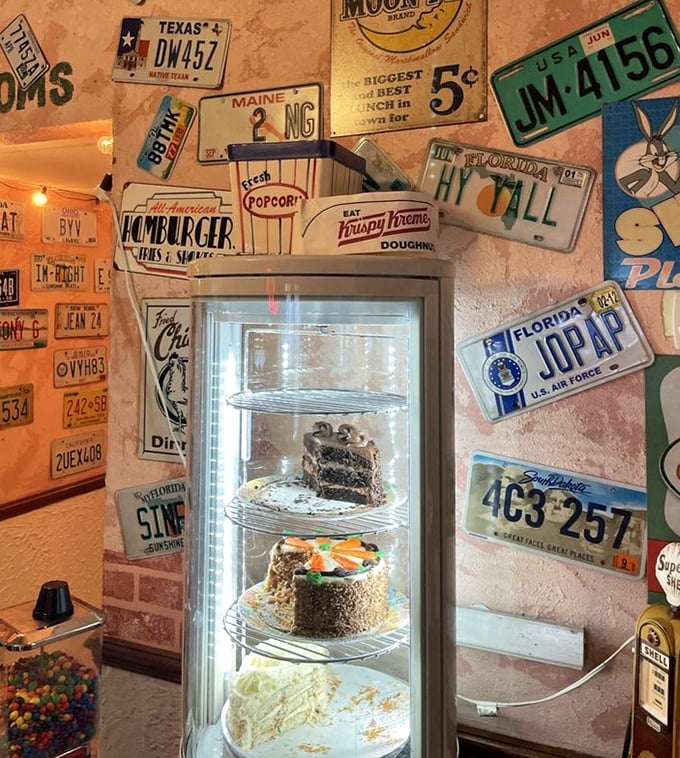 A glass case of sweet temptations surrounded by license plates from across America&mdash;desserts worth crossing state lines for.