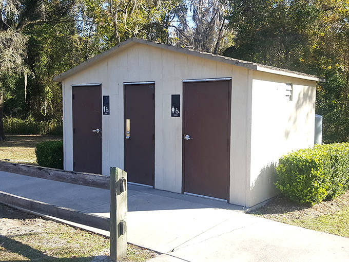 Even the practical necessities receive thoughtful treatment here, with clean facilities that blend respectfully into the natural surroundings.