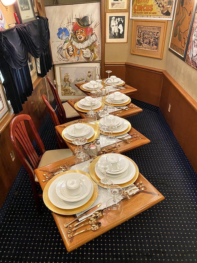 Elegant place settings await diners in the formal section &ndash; white tablecloths and proper stemware elevate the train car experience.