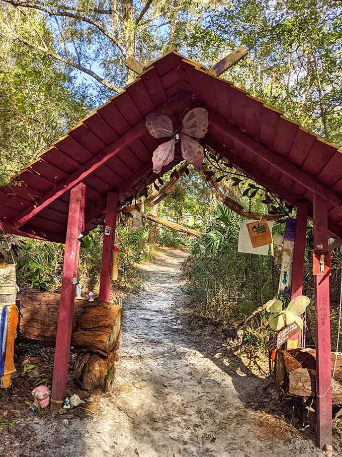 The Fairy Trail entrance beckons visitors into a magical woodland experience that appeals to believers and skeptics alike.