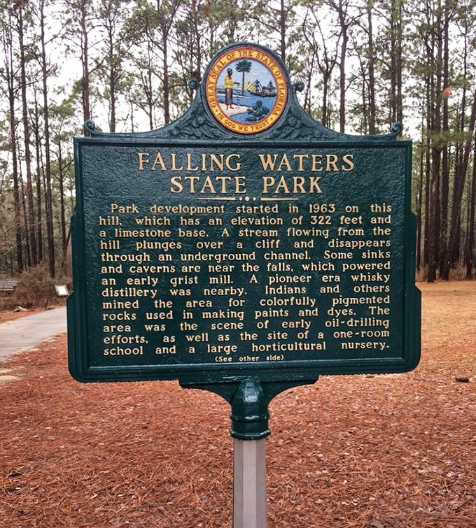 This historical marker reveals Falling Waters' surprising past &ndash; from whiskey distilling to paint-making, proving Florida's history isn't just retirement communities.