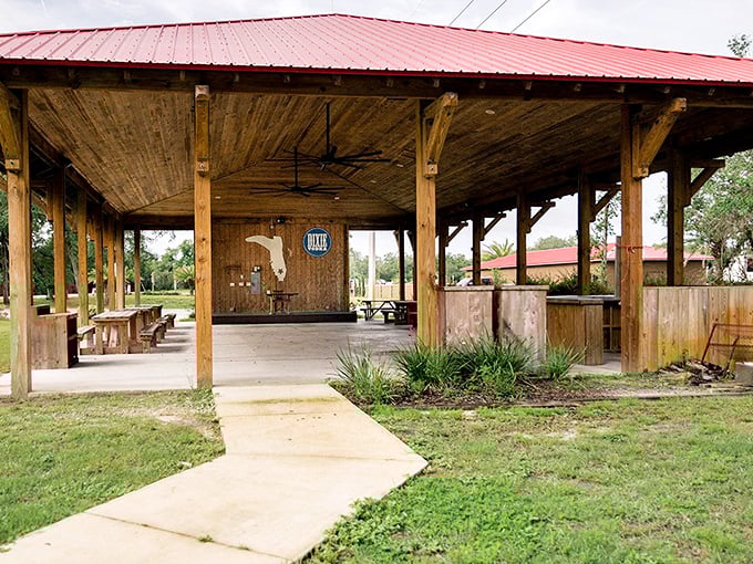 This rustic pavilion creates the perfect backdrop for outdoor meals, gatherings, and making friends with fellow "settlers."