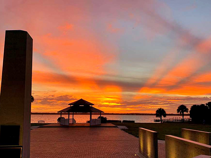 Mother Nature showing off at sunset &ndash; painting the sky in impossible colors over Oldsmar's peaceful shoreline.