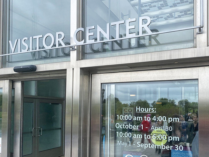 The Visitor Center welcomes guests with clear hours and the magic words every parent loves: "suggested donation" rather than "admission fee."