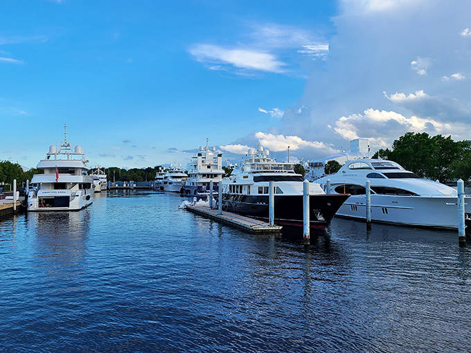 Modern luxury yachts line the marina, creating a striking contrast to the vintage charm of the riverboat &ndash; old Florida meets new money.