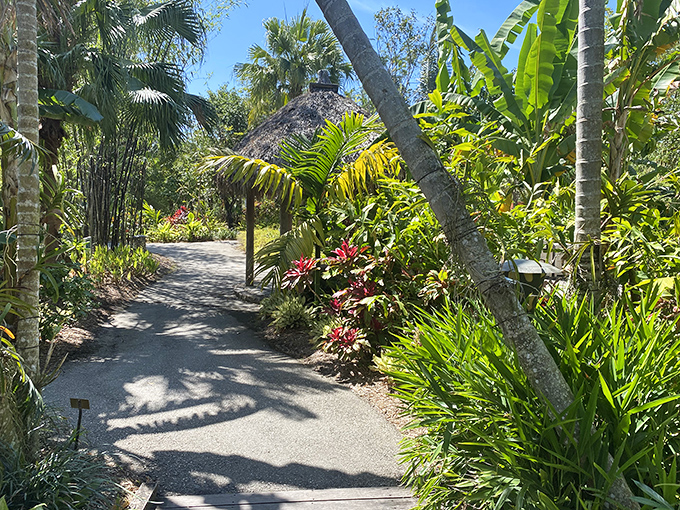 This winding garden path promises adventure with every step, where tropical plants create living walls and dappled sunlight plays hide-and-seek.