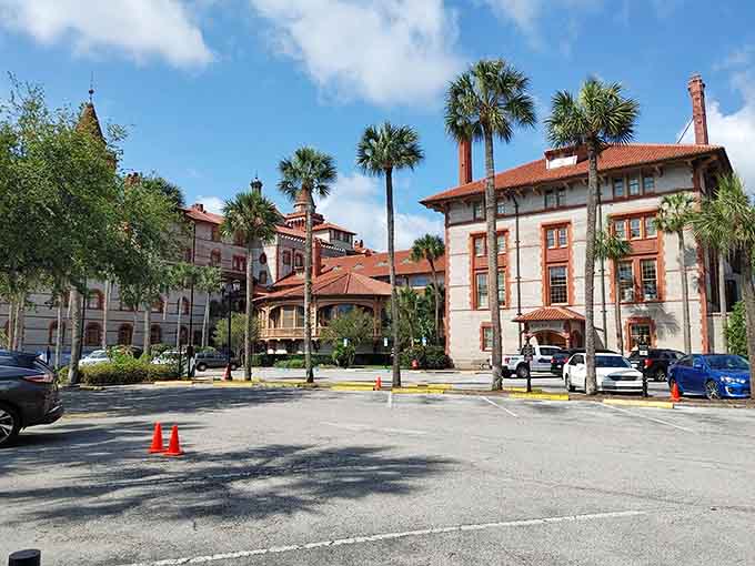 Even the parking area can't diminish the grandeur, though it tries its best with modern cars photobombing this historic beauty.