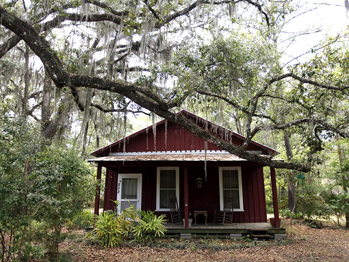 This rustic red cabin surrounded by nature embodies Micanopy's charm &ndash; unpretentious, authentic, and perfectly at home among the ancient oaks.