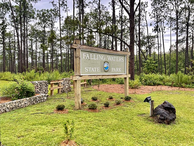 The welcoming sign to Falling Waters State Park &ndash; where Florida decided to show off by creating actual elevation changes.