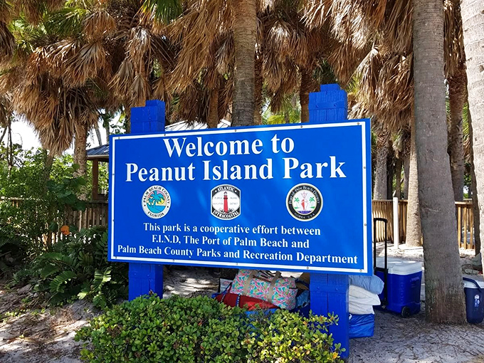 The welcome sign greets visitors to Peanut Island Park, where three government agencies cooperate to preserve this tropical gem for generations to come.