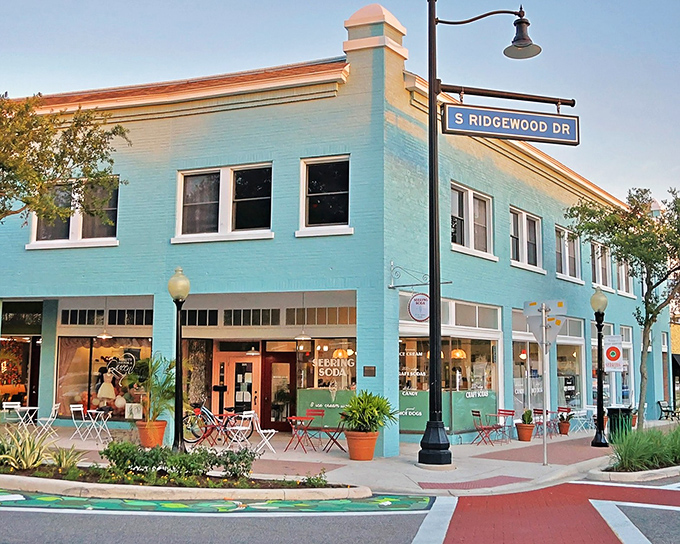 The J.B. Brown Building showcases the kind of historic architecture that gives downtown districts character, painted in cheerful colors that suggest someone actually cares about how their city looks to visitors.
