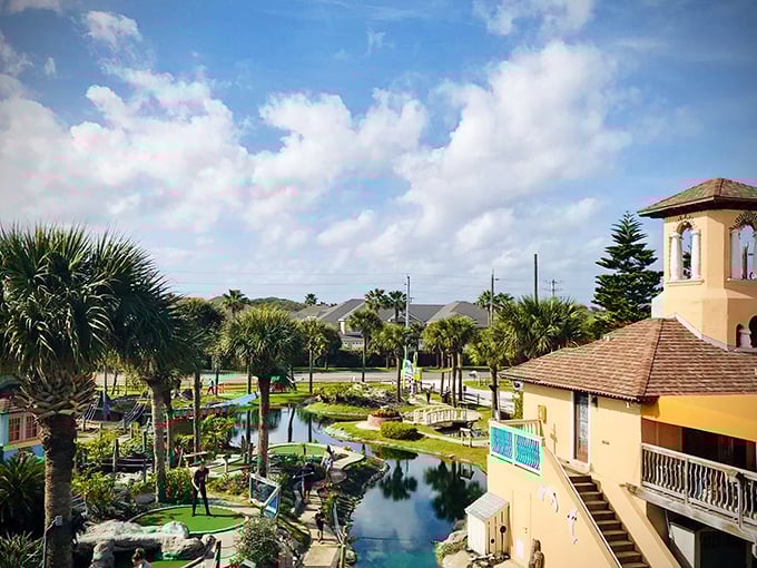 Bird's-eye brilliance reveals the master planning behind Fiesta Falls, where every curve, waterfall, and palm tree creates Florida's most photogenic putting paradise.