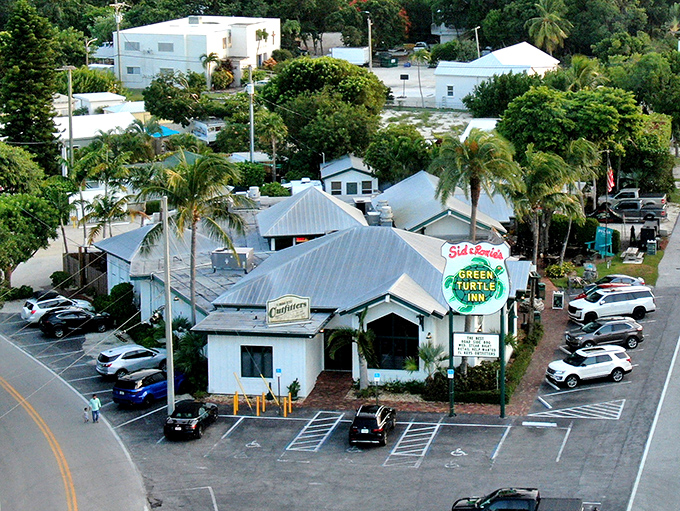 From above, the Green Turtle Inn's distinctive roofline and prime location reveal why it's been a beloved Islamorada landmark for generations.