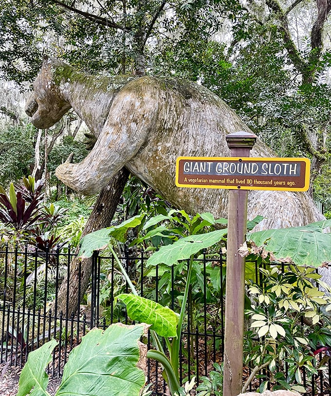 This concrete ground sloth looks surprisingly chill about being extinct for 110,000 years, lounging among the tropical foliage with prehistoric swagger.