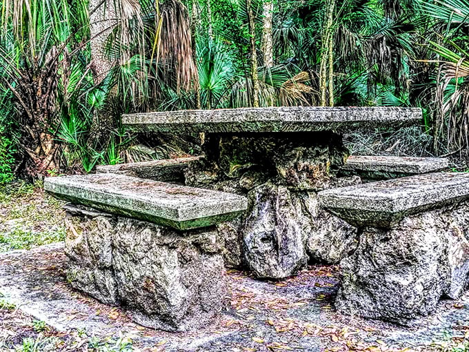 These stone picnic tables look like they were crafted by the Flintstones' Florida cousins&mdash;prehistoric chic meets outdoor dining.