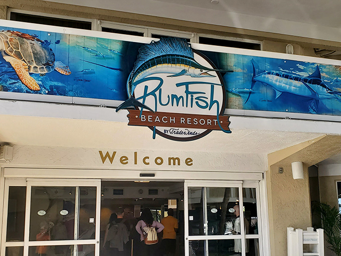 The welcoming entrance to RumFish Beach Resort promises what every great vacation delivers &ndash; permission to leave your worries at the door.