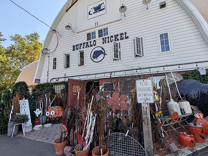 Buffalo Nickel's exterior welcomes seasonal visitors with rustic charm&mdash;where even the "No Parking" signs feel like collectible pieces of Americana.