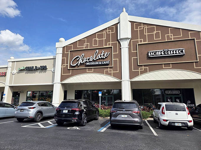 The storefront beckons chocolate lovers like a siren song&mdash;resistance is futile when the building itself looks like a giant candy bar.