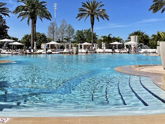 Paradise found at the pool! Palm trees stand guard over crystal waters that shimmer like liquid diamonds in the Florida sun.