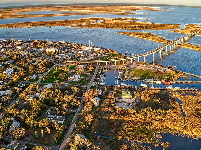 Apalachicola's waterfront stretches along the river and bay, where fishing boats bring in the day's fresh catch under golden afternoon light.