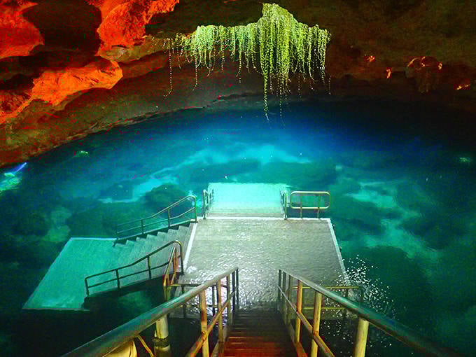 Devil's Den's ethereal blue waters beckon from below, with sunlight streaming through the natural skylight, creating an underwater cathedral effect.