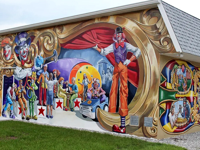 The vibrant circus mural at Toby's Clown Foundation brings the big top to life with colorful characters that seem ready to perform at any moment.