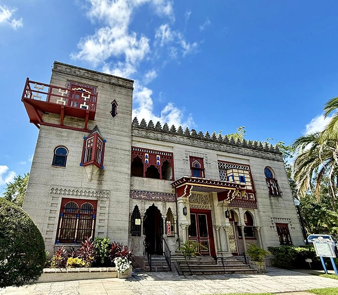 Villa Zorayda's striking Moorish architecture stands proudly against the Florida sky, its intricate details and red accents creating a slice of Spain in St. Augustine.