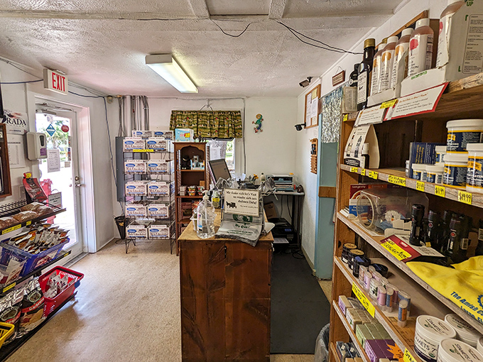Inside the Amish Country Store, shelves brim with homemade goods and pantry staples. The modest counter promises authentic treats made the old-fashioned way.