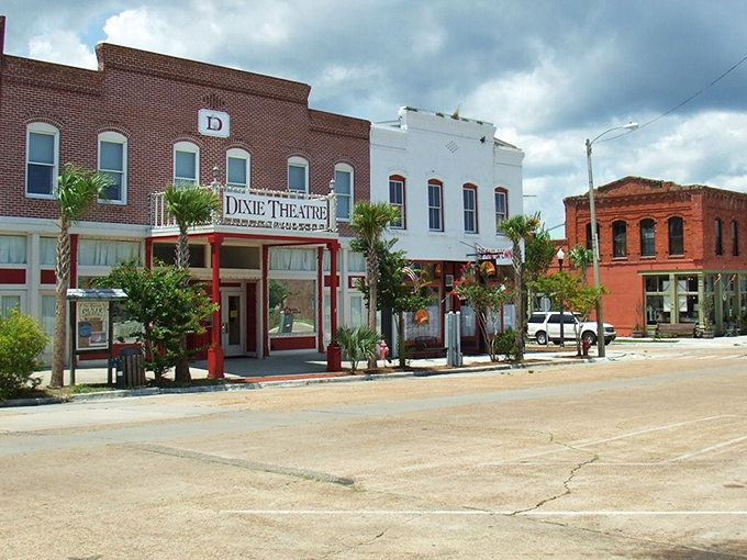 Historic downtown Apalachicola features the charming Dixie Theatre, a centerpiece of this seafood town's preserved main street.