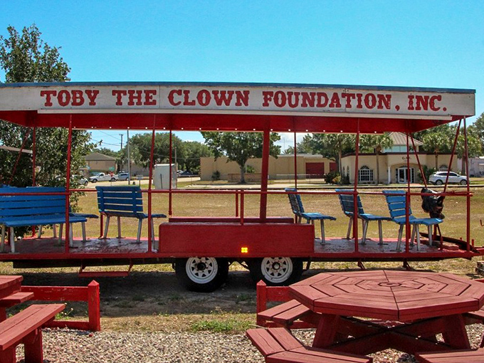 The cheerful red and blue benches at Toby's Clown Foundation welcome visitors to a world where laughter is the main attraction.