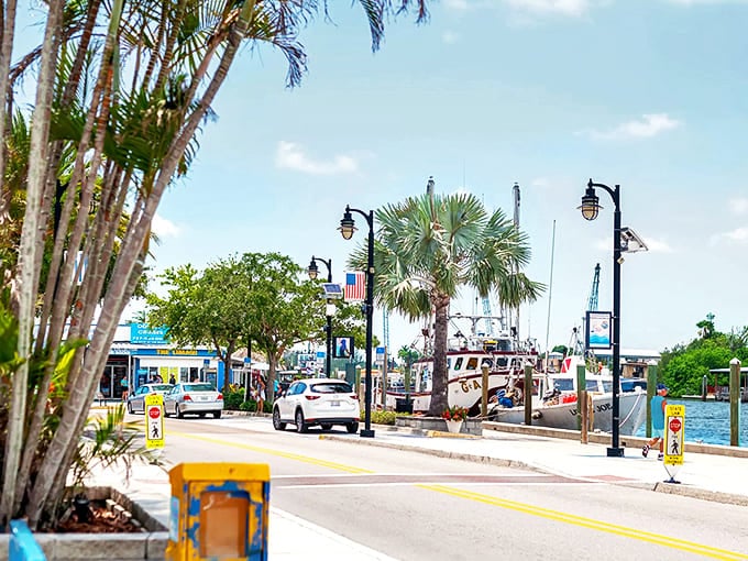 Palm-lined streets of a coastal Florida town where fishing boats bob in the harbor. Small-town charm meets seaside splendor!