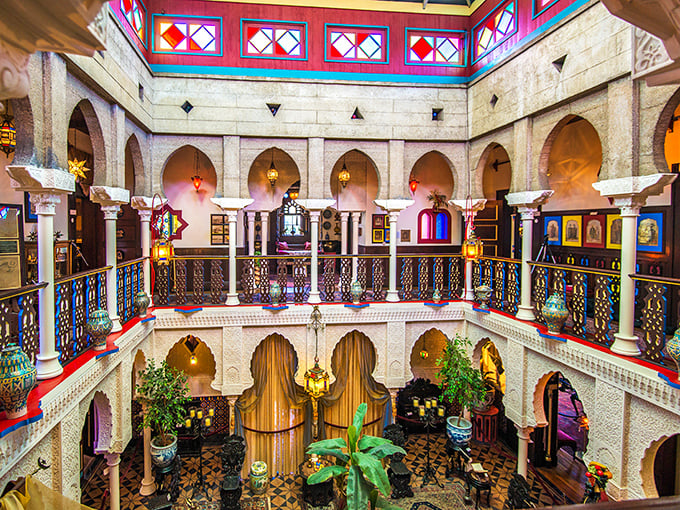 Step inside Villa Zorayda and be transported to another world! The stunning interior courtyard features ornate columns, arches, and colorful stained glass that bathes visitors in rainbow light.