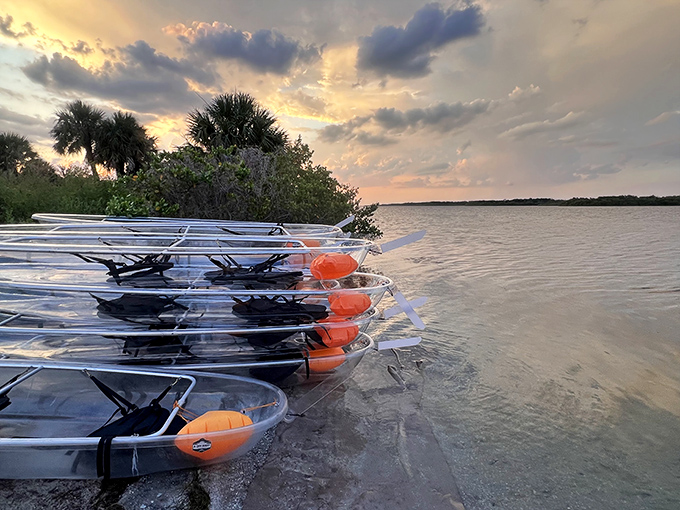 Clear kayaks transform ordinary paddling into extraordinary adventure, creating the illusion of floating between two worlds.