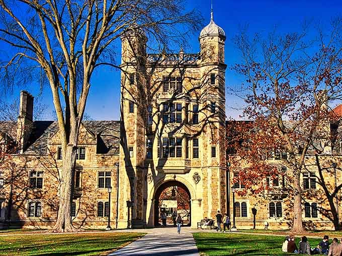 Stone archways frame the entrance to this academic castle, where future legal eagles nest among towers that would make Hogwarts students feel right at home.