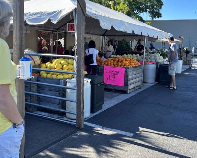 Fresh goods under canvas: Sunshine-kissed fruits line up like colorful soldiers, each one practically shouting "Pick me!" to passing shoppers.